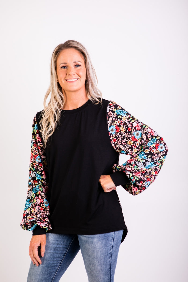 Lisa top - Black & garden floral – Hazel May